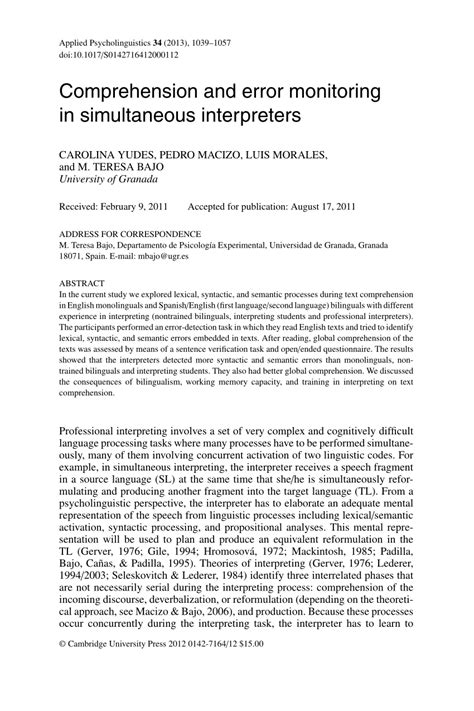 Pdf Comprehension And Error Monitoring In Simultaneous Interpreters