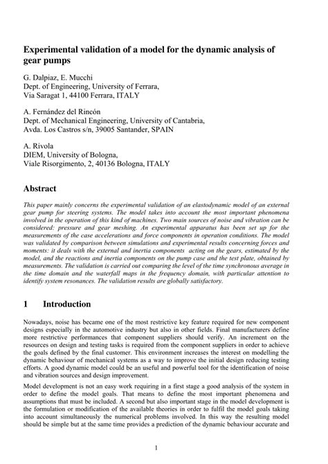 Pdf Experimental Validation Of A Model For The Dynamic Analysis Of Gear Pumps