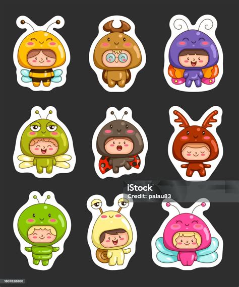 곤충 의상을 입은 아이들 스티커 책갈피 귀여운 소년 소녀 만화 캐릭터 옷 꿀벌 딱정벌레 나비 잠자리 무당 벌레 애벌레 달팽이