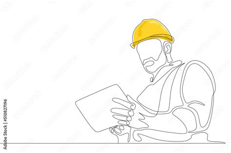 Continuous Line Drawing Of Foreman Controlling Building Development Progress While Holding