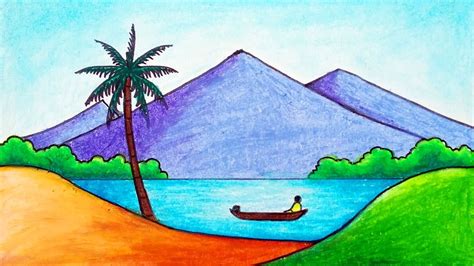 How To Draw Easy Lake Scenery Drawing Lake Scenery With Oil Pastel YouTube