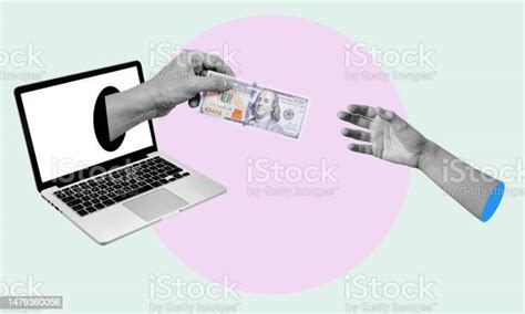 창의적인 사진 콜라주 아트웍 엽서 포스터는 노트북 안에 구독에 대한 돈을 스케치합니다 개념에 대한 스톡 사진 및 기타 이미지