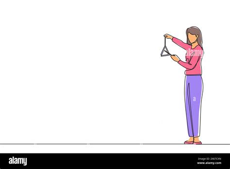 Single Continuous Line Drawing Female Musician Playing Musical Triangle Classical Music