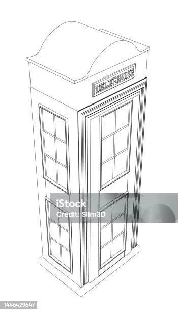흰색 배경에 격리된 검은색 선으로 된 전화 부스의 개요 아이소메트릭 뷰 3d 벡터 그림입니다 거리에 대한 스톡 벡터 아트 및