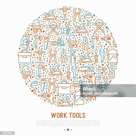 원 선 아이콘에에서 작업 도구 개념 주먹 드릴 렌치 비행기 도구 상자 수레 톱 펜 치 톱 질 기계 웹 페이지에 대 한 장비를 건물의 현대 벡터 일러스트 개념에 대한 스톡