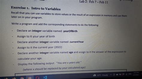 Solved Lab Feb Feb Exercise Intro To Variables Chegg Com