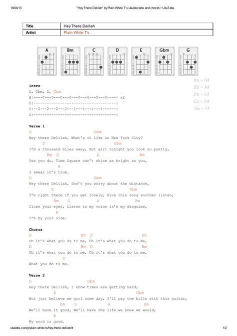 Hey There Delilah Chords Uke Sheet And Chords Collection