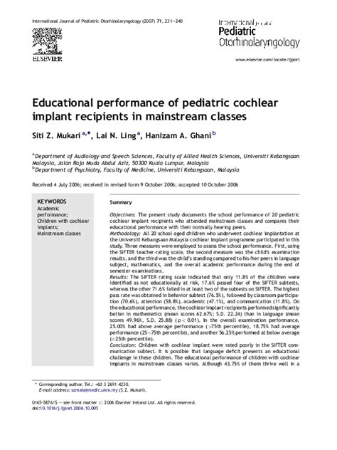 Pdf Educational Performance Of Pediatric Cochlear Implant Recipients In Mainstream Classes