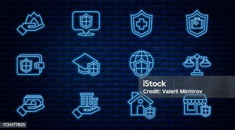 방패 정의의 저울 건강 보험 졸업 모자 지갑 불을 들고 있는 손 방패 세계 지구본 및 위치 아이콘이 있는 라인 쇼핑 건물을 설정합니다 벡터 건강관리와 의술에 대한 스톡 벡터