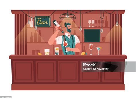 칵테일과 혼합 음료를 제공하는 숙련 된 바텐더 안경과 술 바 또는 술집 병을 가진 바맨 밤에 일하는 바키퍼 또는 웨이터 플랫 만화 캐릭터 벡터 일러스트레이션 바텐더에 대한