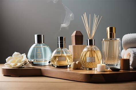Premium Ai Image A Lineup Of Luxury Home Fragrances And Diffusers On The Wooden Board