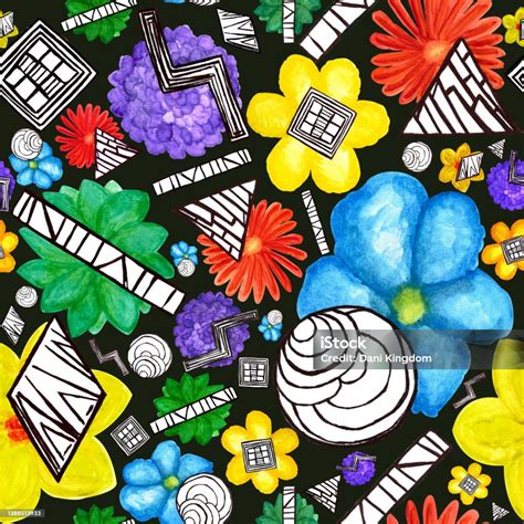 수채화 꽃 카모마일 연꽃 수국 다니아 기하학적 모양 정사각형 디자인에 대한 원 어두운 배경의 달리아 무지개 패턴 0명에 대한 스톡 벡터 아트 및 기타 이미지 Istock