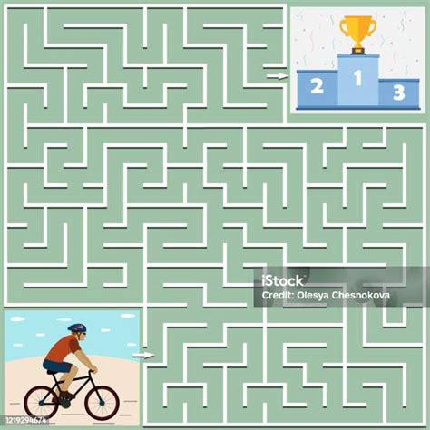 스포츠의 주제에 아이들을위한 미로 게임 연단에 1 위를 차지하고 컵 색상 벡터 일러스트 레이션 배경 녹색 우승 하는 사이클