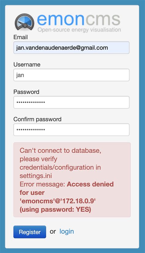 Error Message Access Denied For User Emoncms Using Password YES Issue