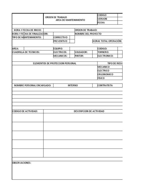 Formato Orden De Trabajo Pdf