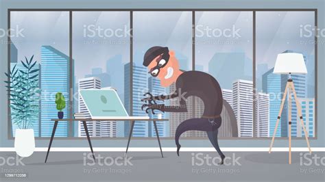 사무실에서 도둑 강도는 노트북에서 데이터를 훔친다 보안 개념입니다 강도는 사무실을 강탈했다 플랫 스타일 벡터 일러스트레이션 3차원 형태에 대한 스톡 벡터 아트 및 기타