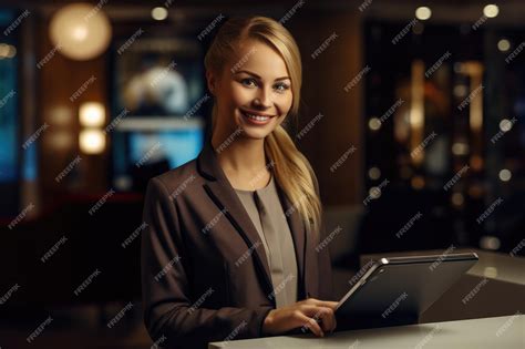Woman Standing At Counter With Tablet Customer Service Representative