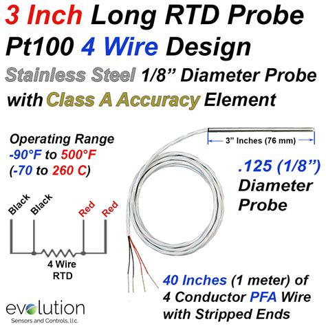 4 Wire Pt100 Rtd Probe 3 Inches Long 1 8 Diameter With Pfa Lead Wire