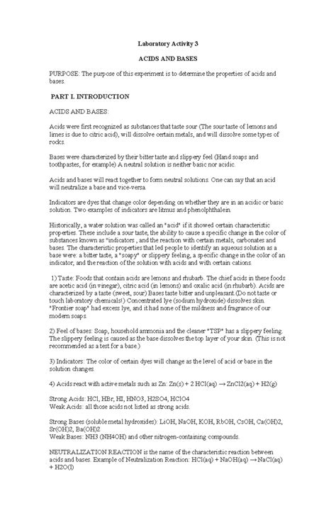 Lab Activity Laboratory Activity ACIDS AND BASES PURPOSE The Purpose Of This Experiment