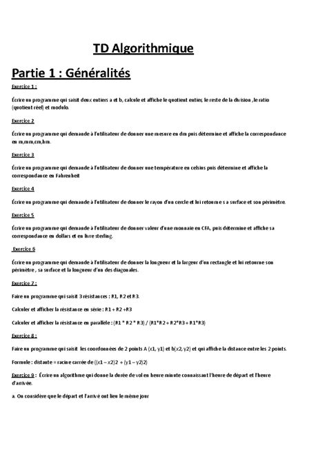 Travaux Dirigés Algorithme TD Algorithmique Partie Généralités Exercice Écrire un