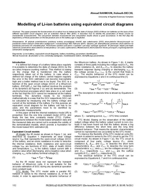 Modelling Of Li Ion Batteries Using Equivalent Circuit Diagrams Download Free Pdf Least