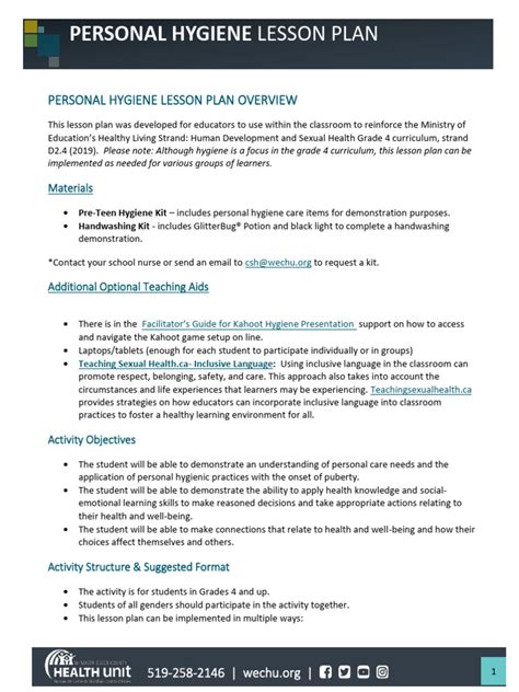 Hygiene Lesson Plan Fre 3 Pdf Perspiration Hair