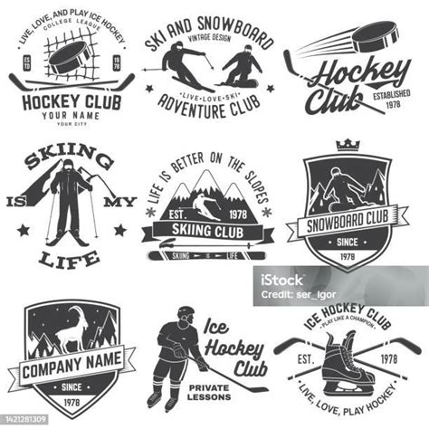 아이스 하키 스키 및 스노우 보드 클럽 엠블럼 벡터 셔츠 인쇄 우표 배지에 대한 개념 아이스 하키 선수 스노우 보더 및 스키 실루엣이있는 빈티지 타이포그래피 디자인 겨울
