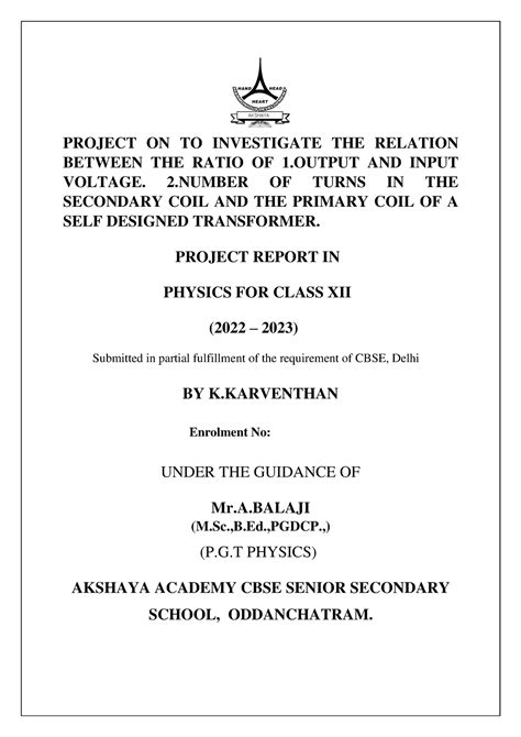 Karventhan Physics Nil PROJECT ON TO INVESTIGATE THE RELATION BETWEEN THE RATIO OF AND