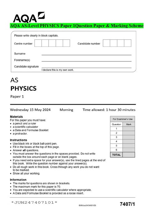 2024 Aqa As Level Physics Paper 1question Paper And Marking Scheme Aqa As Level Aqa A Level
