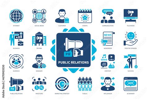 Public Relations Icon Set Marketing Strategy Communication Newspaper Influencer Internet