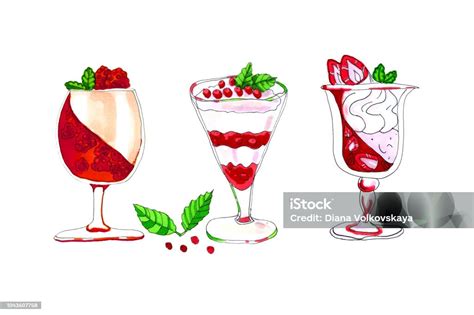 딸기 라즈베리 레드 커 런 트와 3 개의 크림 레이어 디저트의 설정 하 고 유리에 민트 0명에 대한 스톡 벡터 아트 및 기타 이미지 Istock