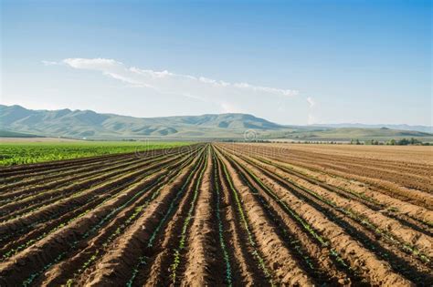 vast agricultural fields with neatly arranged crop rows and rolling