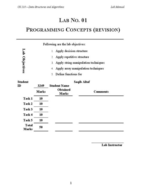 Cs210 Dsa Lab 01 Pdf Array Data Structure String Computer Science