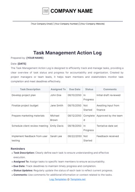 Free Task Management Action Log Template To Edit Online