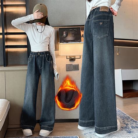 Hifoo Winter Warm Baggy Jeans Girls Wide Leg Elastic Waist And Multiple