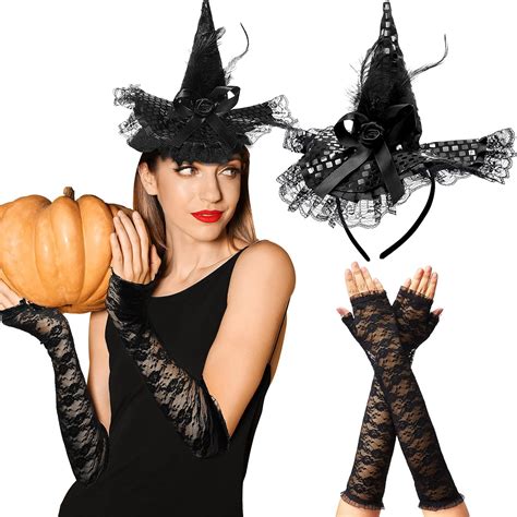 Willbond 4 Pcs Halloween Black Witch Hats And Lace Gloves