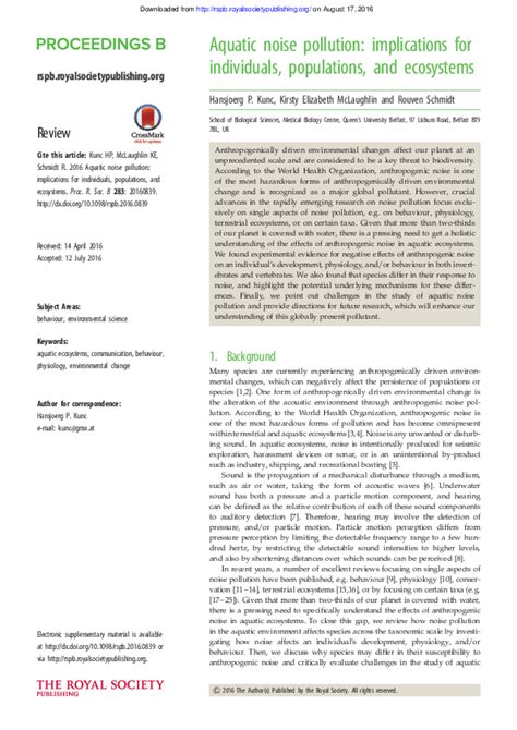 Pdf Aquatic Noise Pollution Implications For Individuals Populations And Ecosystems
