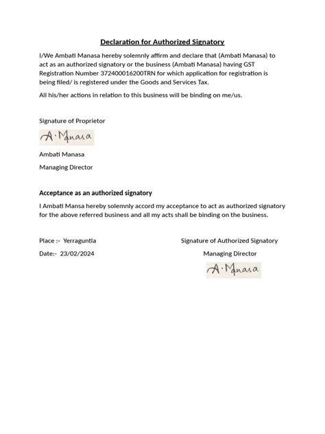 Declaration For Authorized Signatory Pdf