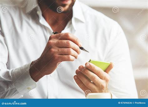 Man Creating Reminders Stock Photo Image Of Caucasian