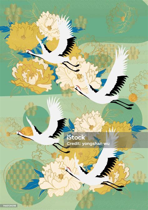 아시아 스타일 중국 스타일 국가 조수 고대 스타일 전통 고전 길조 모란 크레인 음영 포스터 인사말 카드 배경 벽 장식 그림 0명에 대한 스톡 벡터 아트 및 기타 이미지