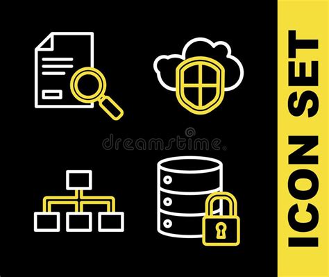 Set Line Cloud And Shield Server Security With Lock Hierarchy Organogram Chart And Document