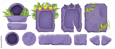 Stone Ui Game Kit Vector Jungle Rock Tablet Set Medieval Rpg Cracked Frame Avatar Round