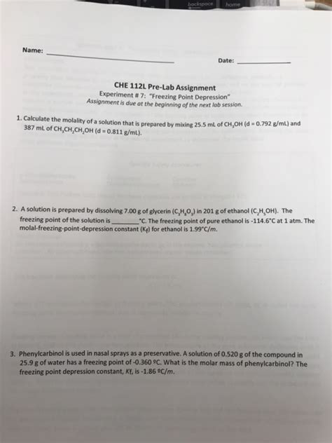 solved name date che 112l pre lab assignment experiment