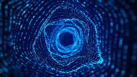 파란색 배경의 추상 동적 와이어프레임 터널 깊은 물결 모양의 웜홀 미래 입자 흐름 3d 렌더링 프리미엄 사진