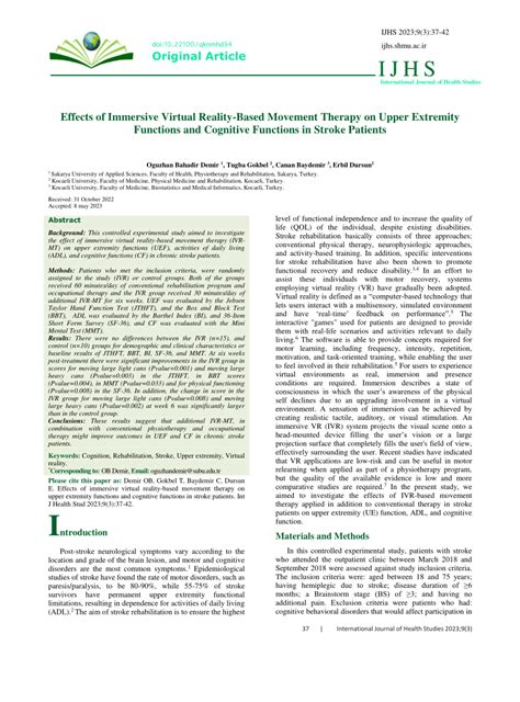 Pdf Effects Of Immersive Virtual Reality Based Movement Therapy On Upper Extremity Functions