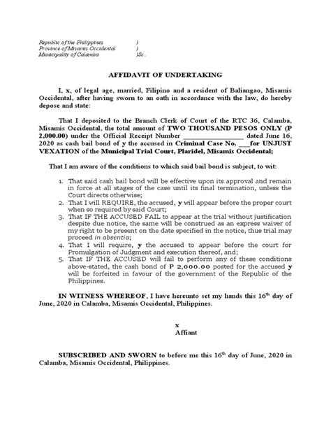 Affidavit Of Undertaking Bail Pdf