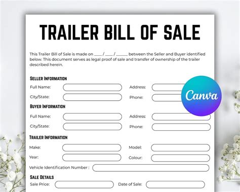 Editable Trailer Contract Form Template One Page Trailer Bill Of Sale
