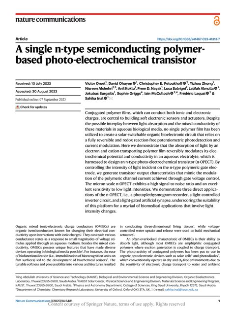 Pdf A Single N Type Semiconducting Polymer Based Photo Electrochemical Transistor