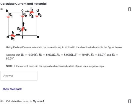 solved calculate current and potential 6 a using kirchhoff s