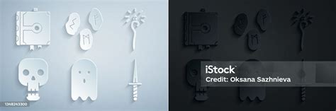 설정 유령 마법 직원 두개골 단검 룬과 고대 마법의 책 아이콘 벡터 3차원 형태에 대한 스톡 벡터 아트 및 기타 이미지 3차원 형태 가공의 인물 강철 Istock
